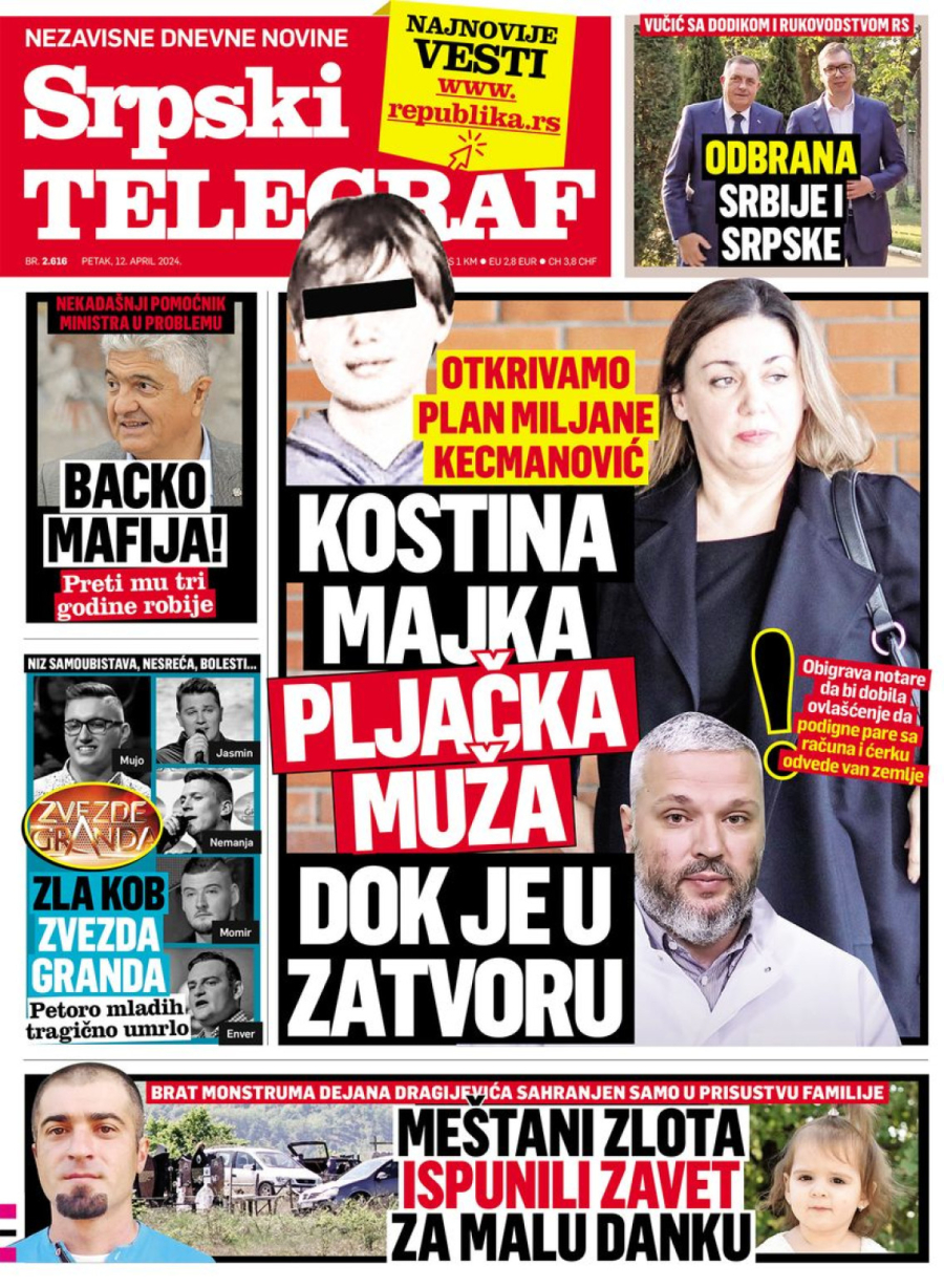 Novine: "Vučić sa Dodikom, odbrana Srbije i Srpske"; "Jeftiniji krediti ...