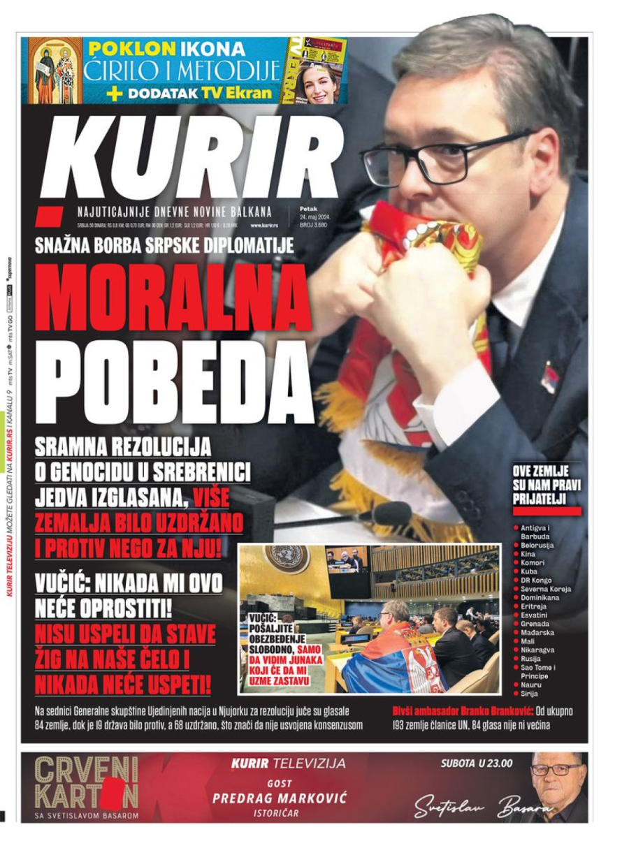 Novine: "Više od pola sveta nije glasalo protiv Srbije"; "Poraz Zapada ...