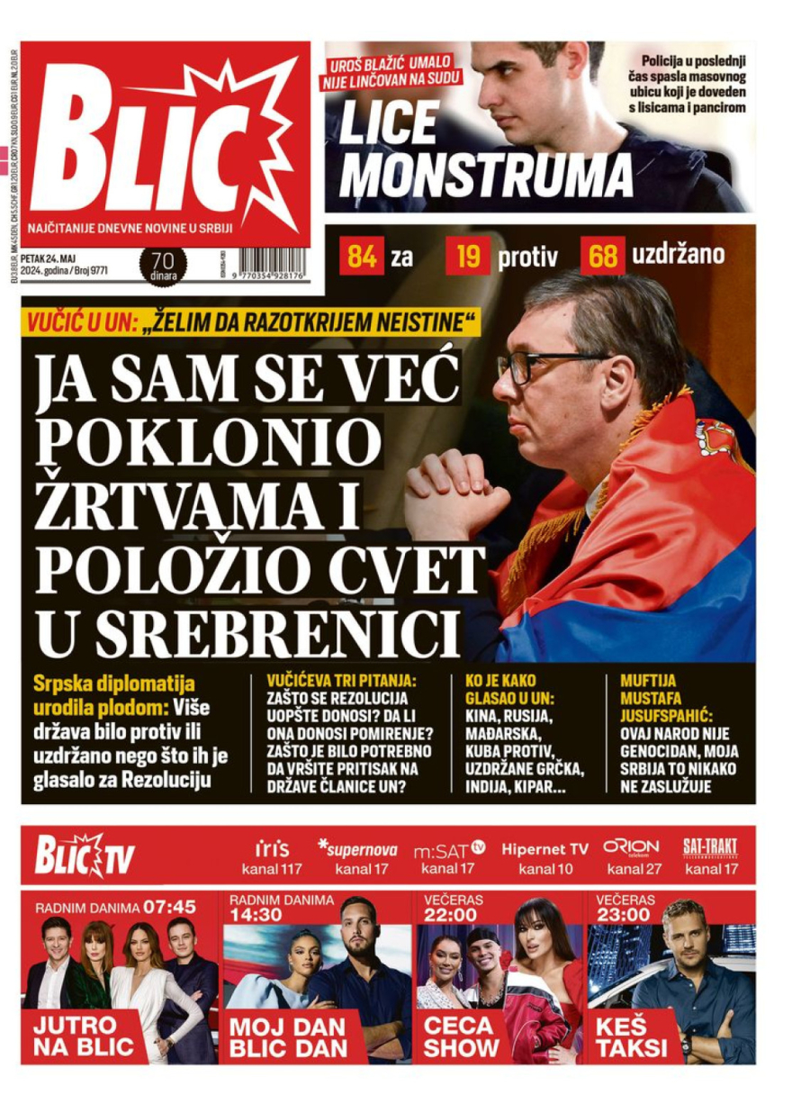 Novine: "Više od pola sveta nije glasalo protiv Srbije"; "Poraz Zapada ...