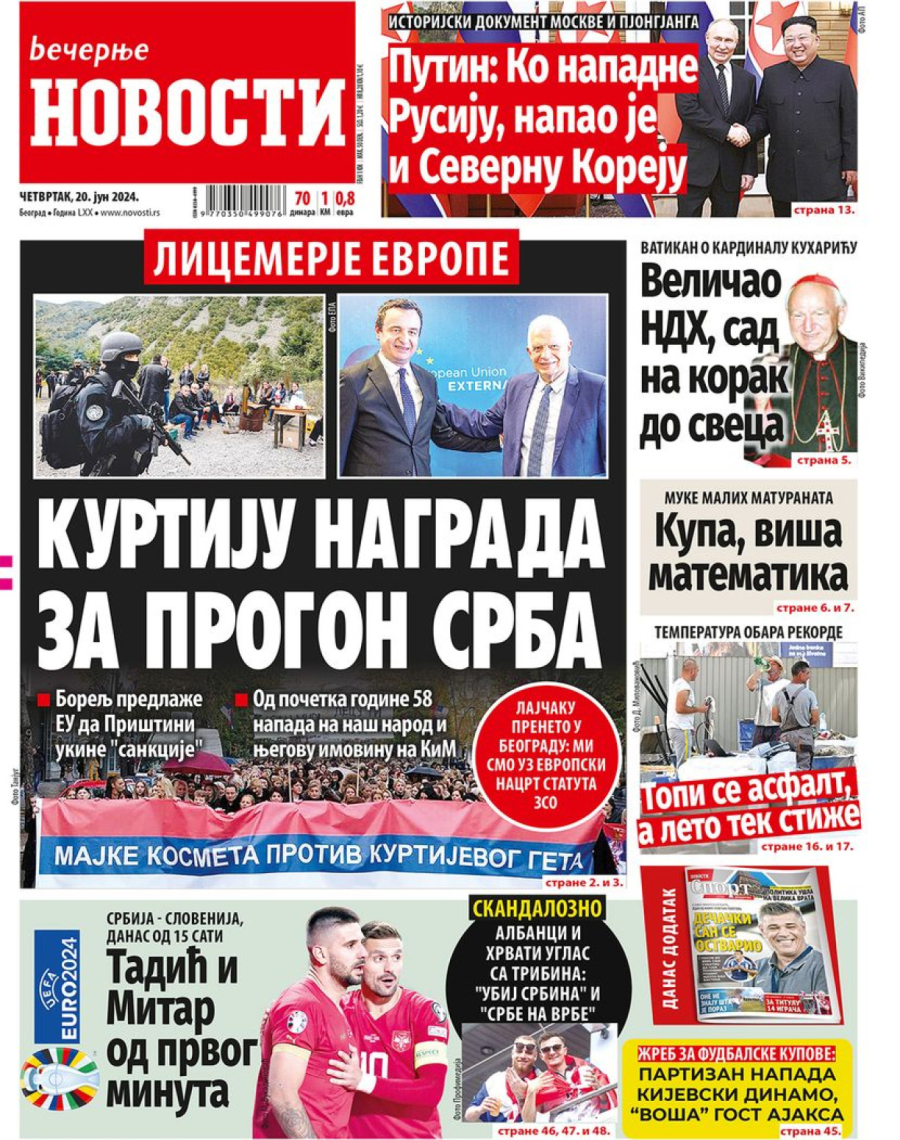 Novine: "Priština gasi ognjišta 150 srpskih porodica"; "Kurtiju nagrada ...