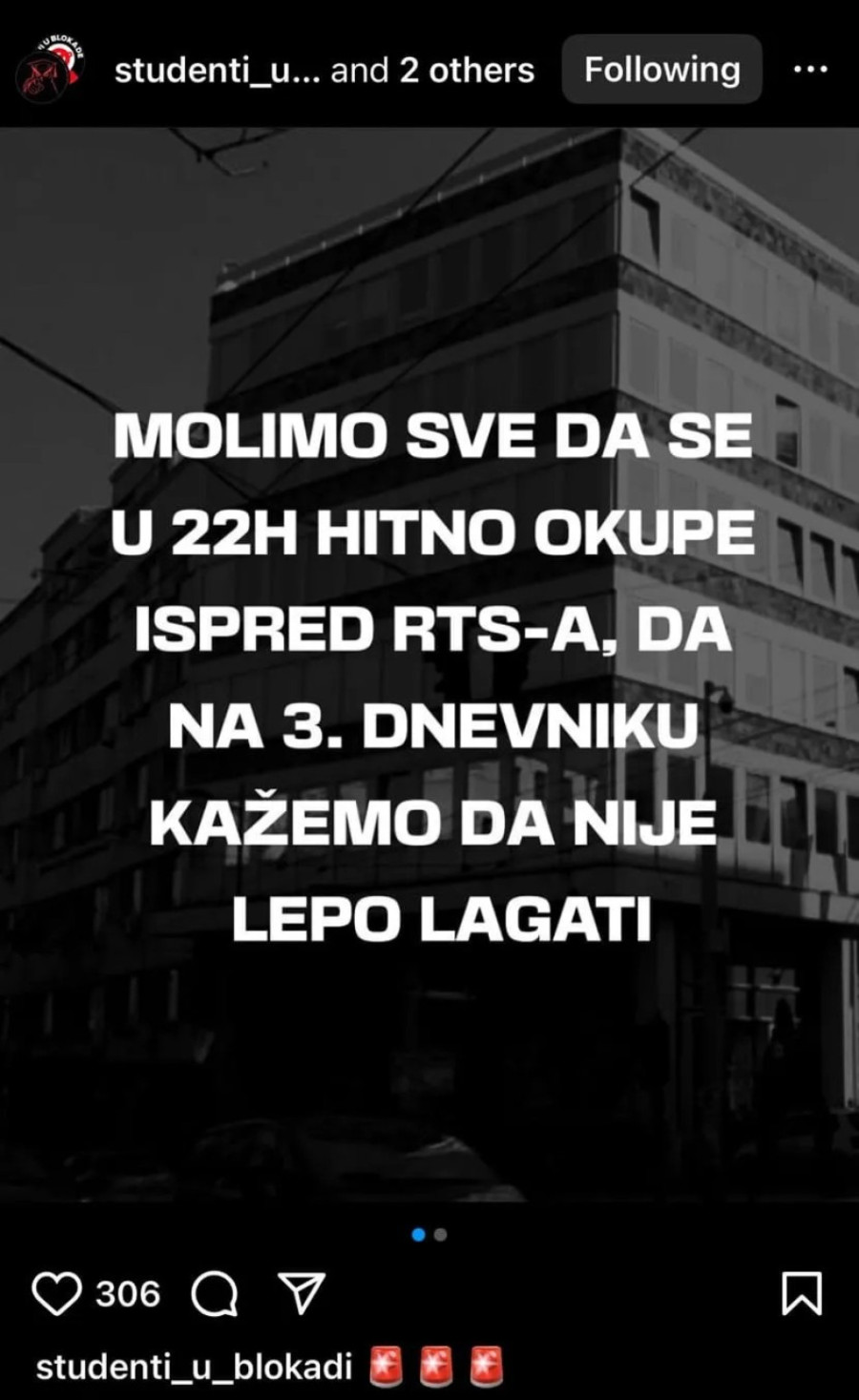 Završena blokada RTS; Studenti blokaderi se okupili ispred Javnog servisa, planirali upad ...