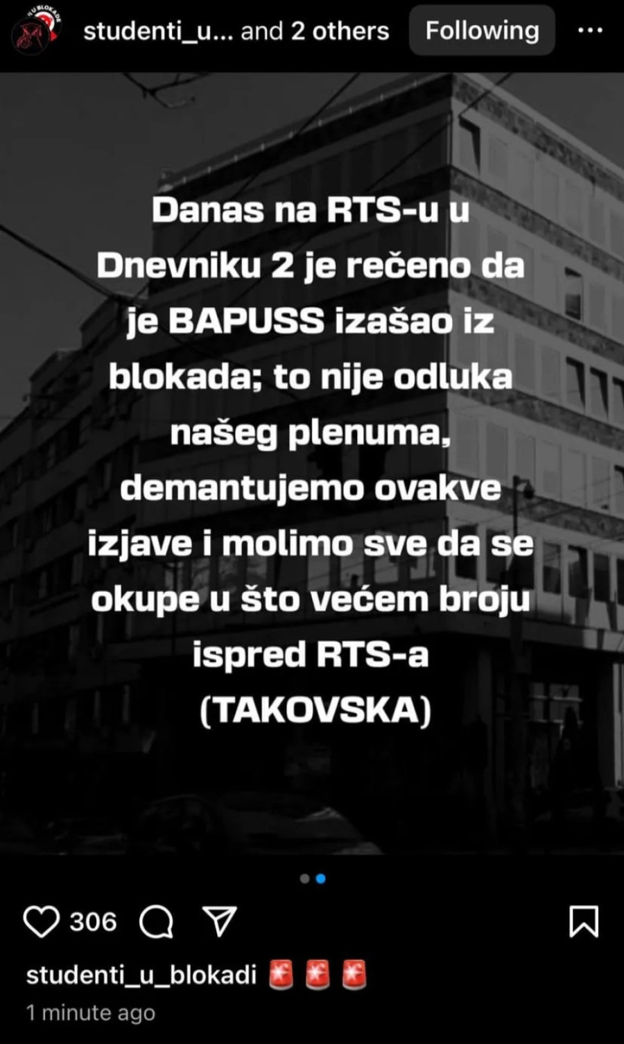 Završena blokada RTS; Studenti blokaderi se okupili ispred Javnog servisa, planirali upad ...