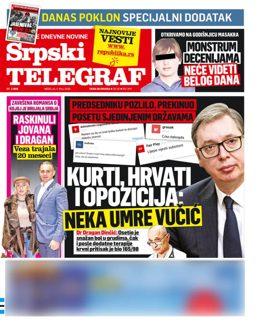 Dnevne novine u Srbiji za nedelju, 4. maj 2025. godine - B92