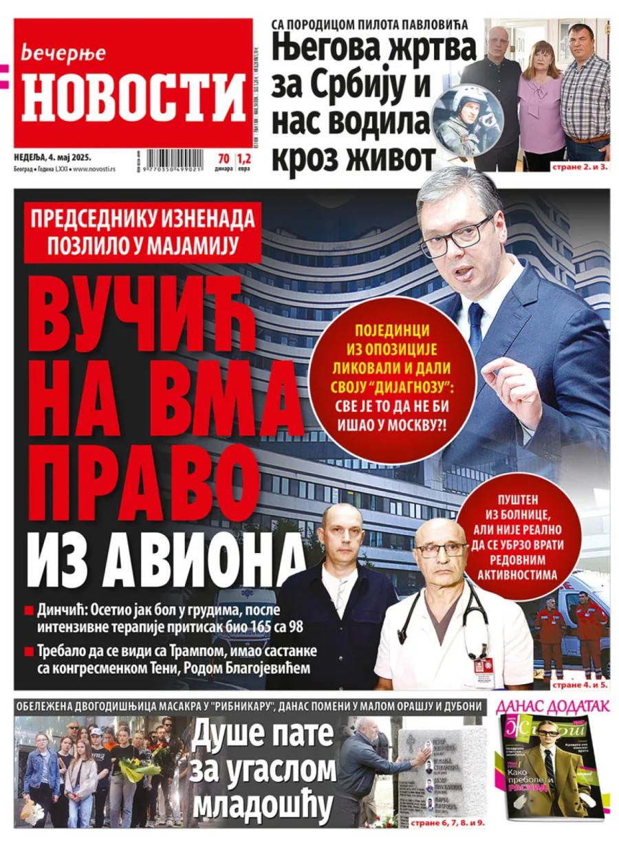 Dnevne novine u Srbiji za nedelju, 4. maj 2025. godine - B92