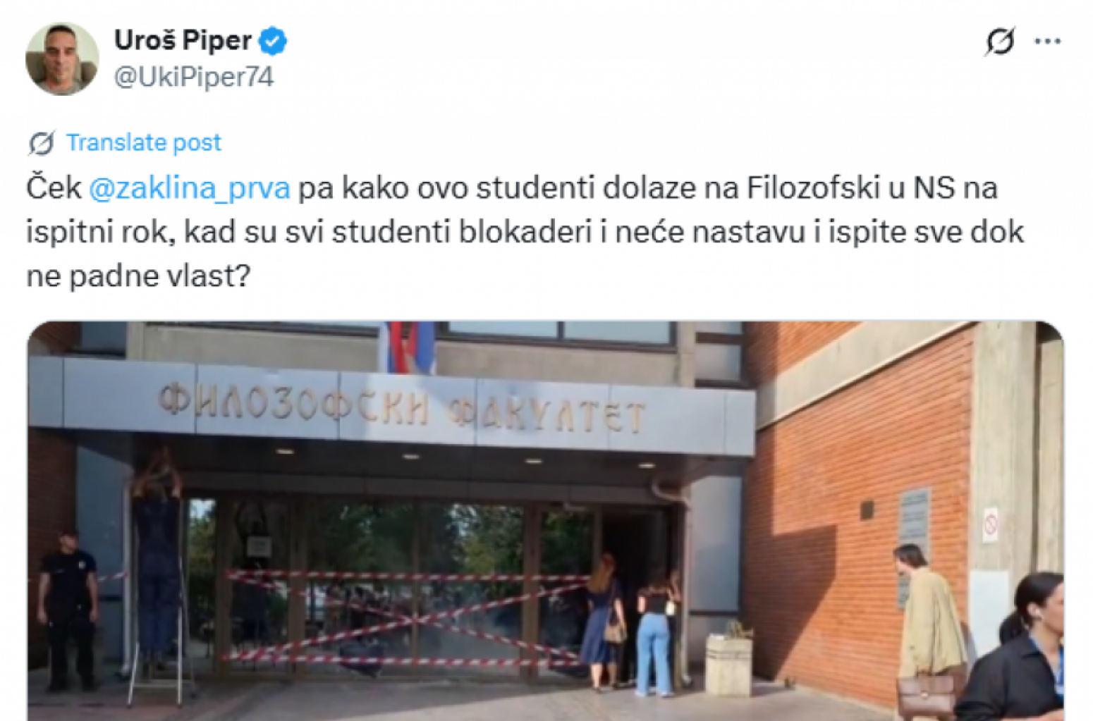 Piper žestoko: "Studenti Filozofskog idu na ispitni rok, zar nisu svi blokaderi koji čekaju da ...